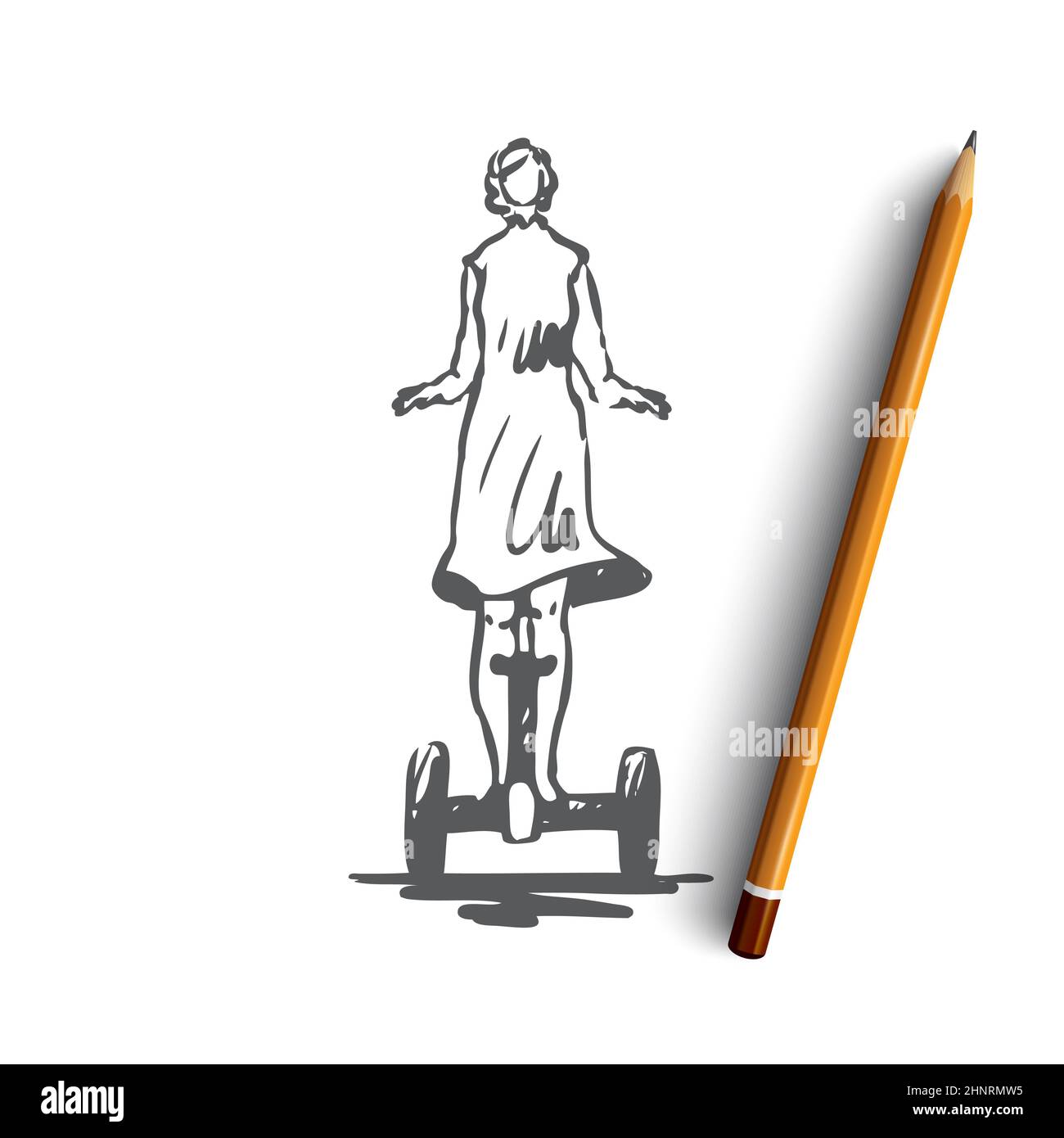 Segway, woman, dress, eco, transport, vehicle concept. Hand drawn woman ...