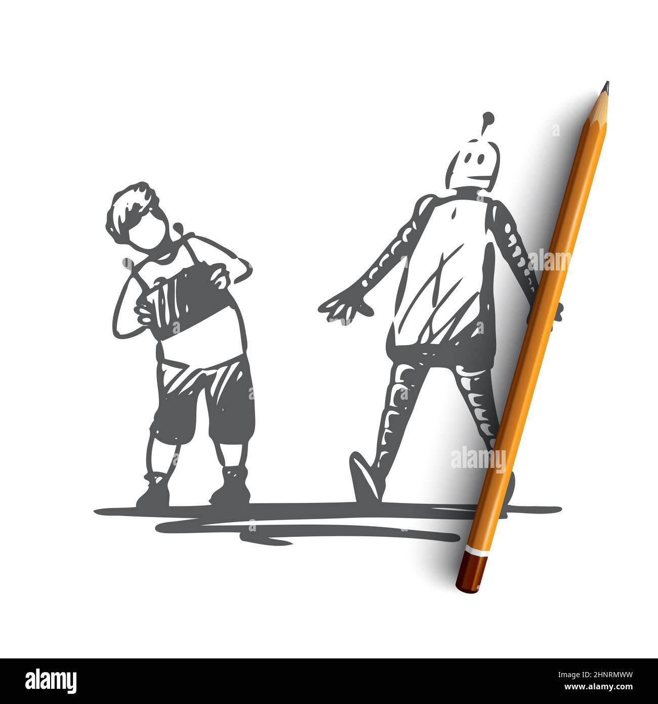 Robot, child, play, remote, control concept. Hand drawn boy controls ...