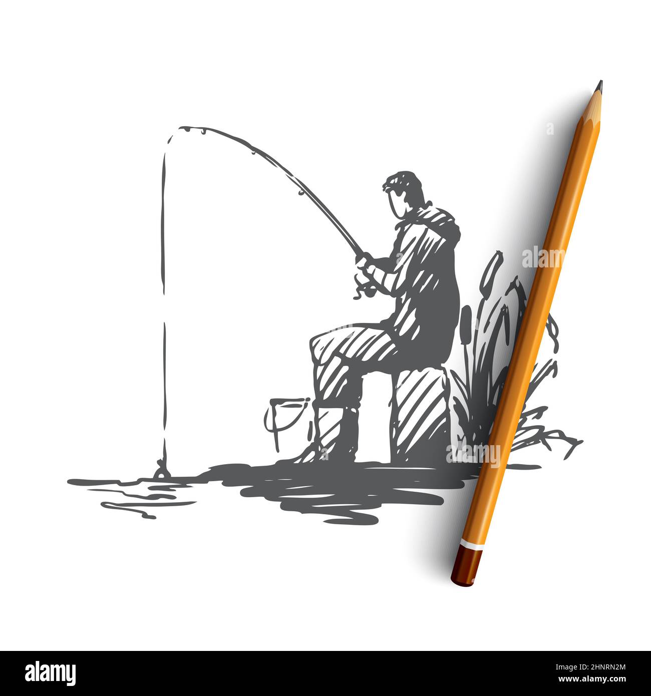 Man, fishing, hobby, leisure, rod concept. Hand drawn fisherman with ...