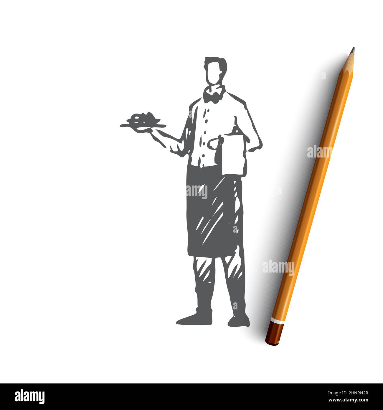 Waiter, restaurant, cafe, service, dish concept. Hand drawn waiter with ...