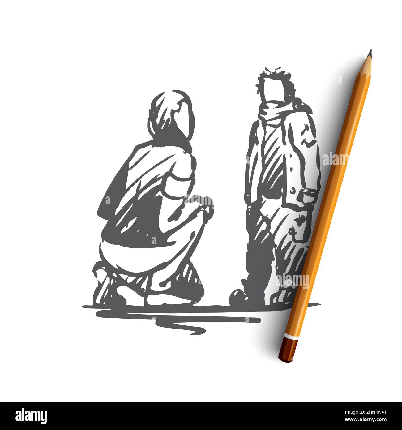 Volunteer, homeless, child, help concept. Hand drawn woman volunteer ...