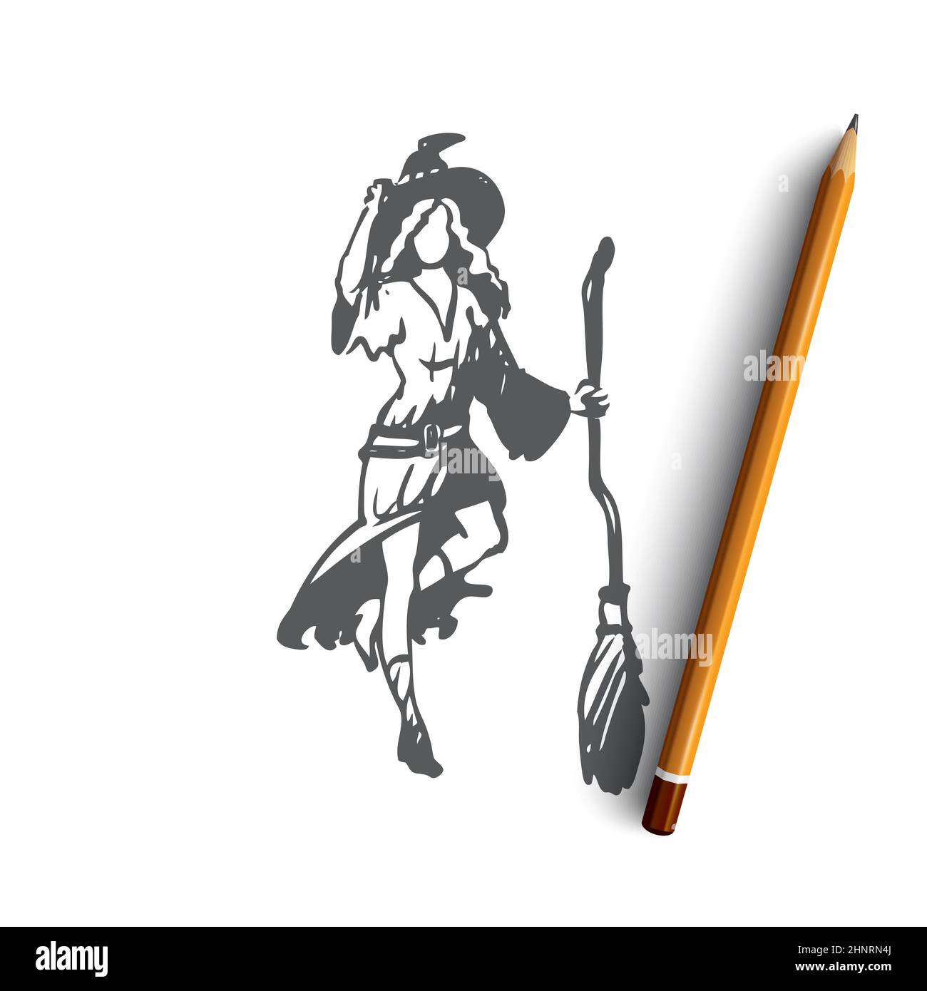 Woman, witch, costume, festive, dress concept. Hand drawn woman in ...