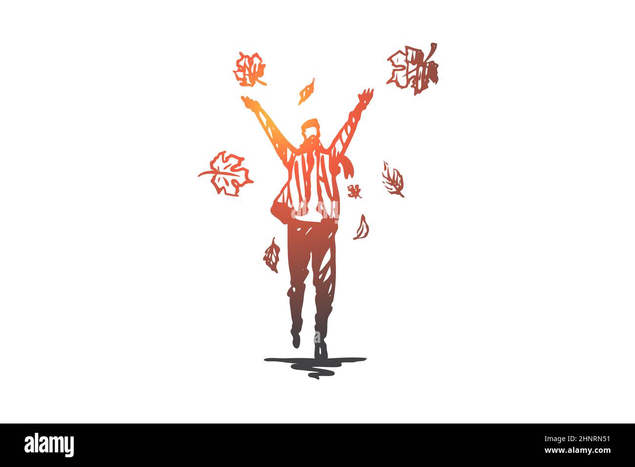 Autumn, man, fall, leaf, season concept. Hand drawn man walking in time ...