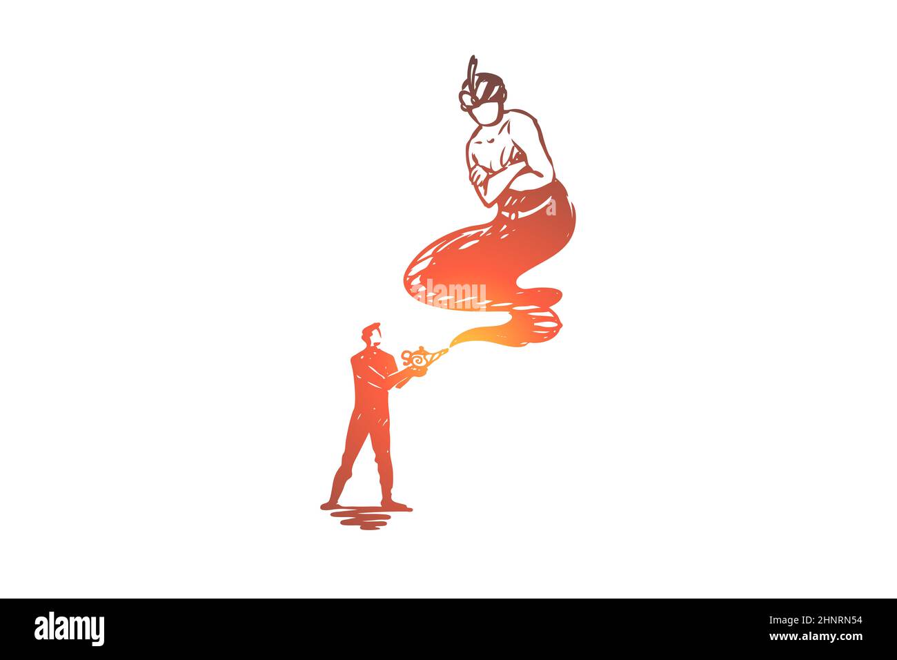 Businessman, gin, lamp, fantasy, desire concept. Hand drawn businessman ...