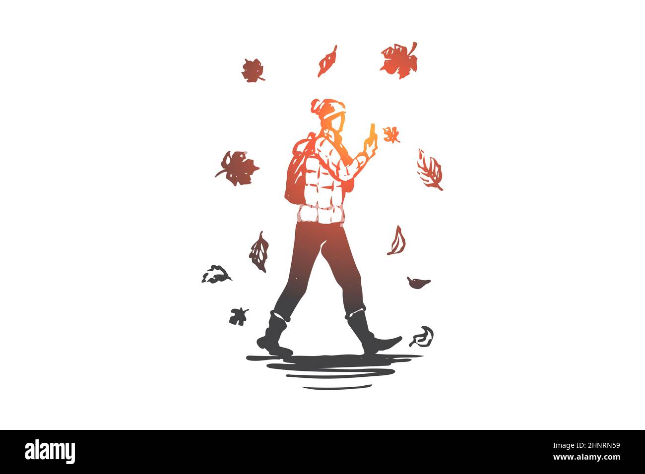 Autumn, man, fall, walking, season concept. Hand drawn man walking with ...