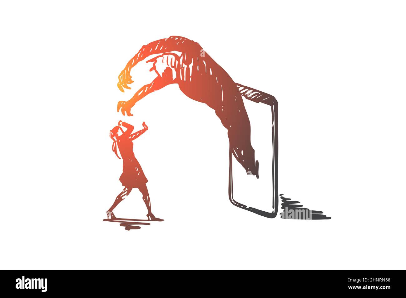 Phone, gadget, addiction, woman, media concept. Hand drawn monster ...