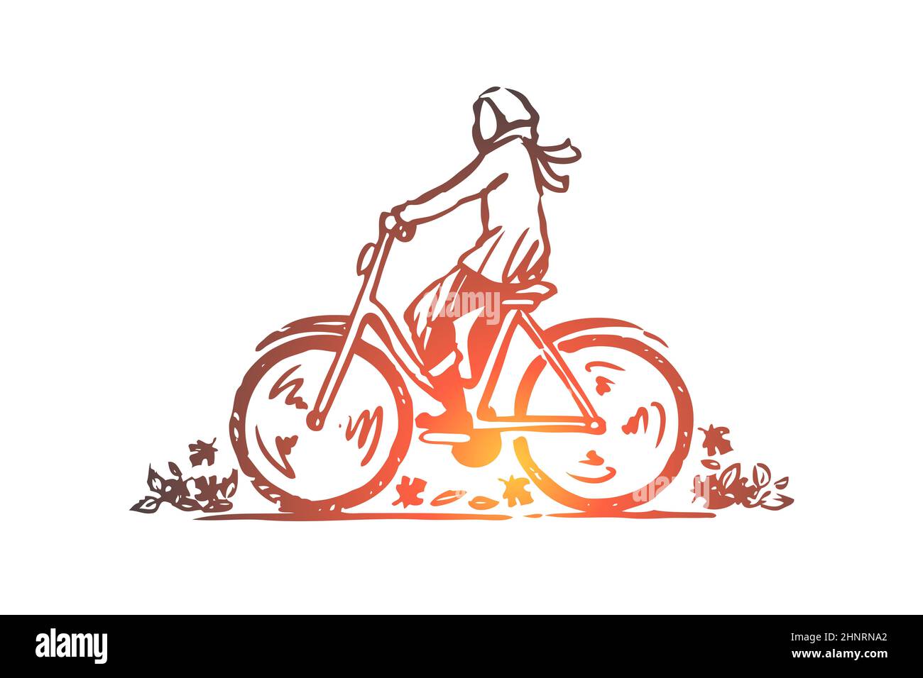 Autumn, bicycle, fall, park, ride concept. Hand drawn person cycling on ...