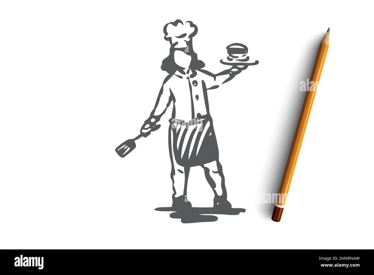 Girl, cook, pancakes, kitchen food concept. Hand drawn girl cooked ...