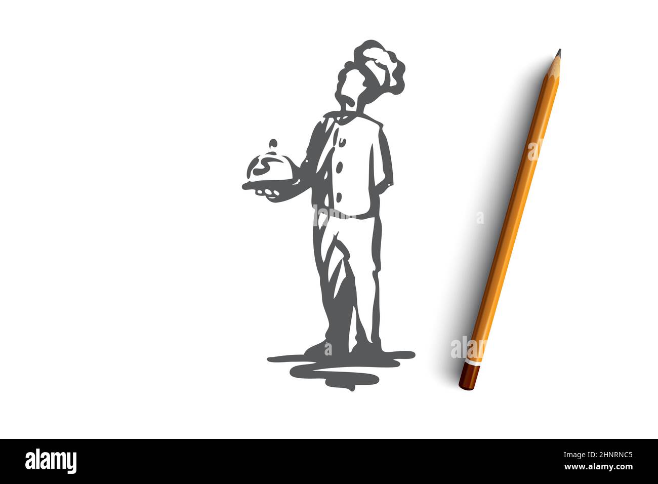 Boy, cook, dish, meal, food concept. Hand drawn boy cook demonstrates ...