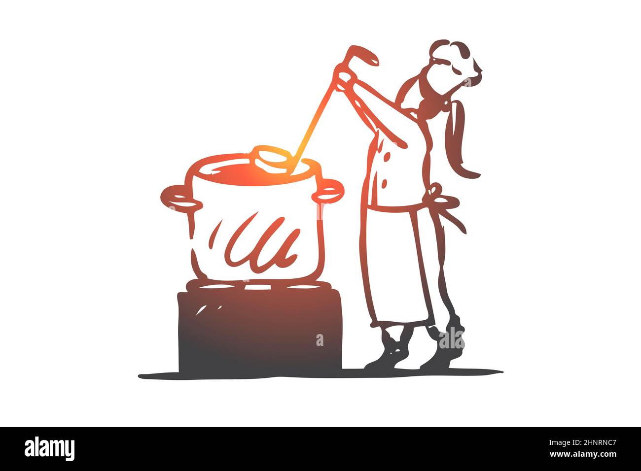 Girl, cooking, soup, pan, chef concept. Hand drawn little cook girl ...
