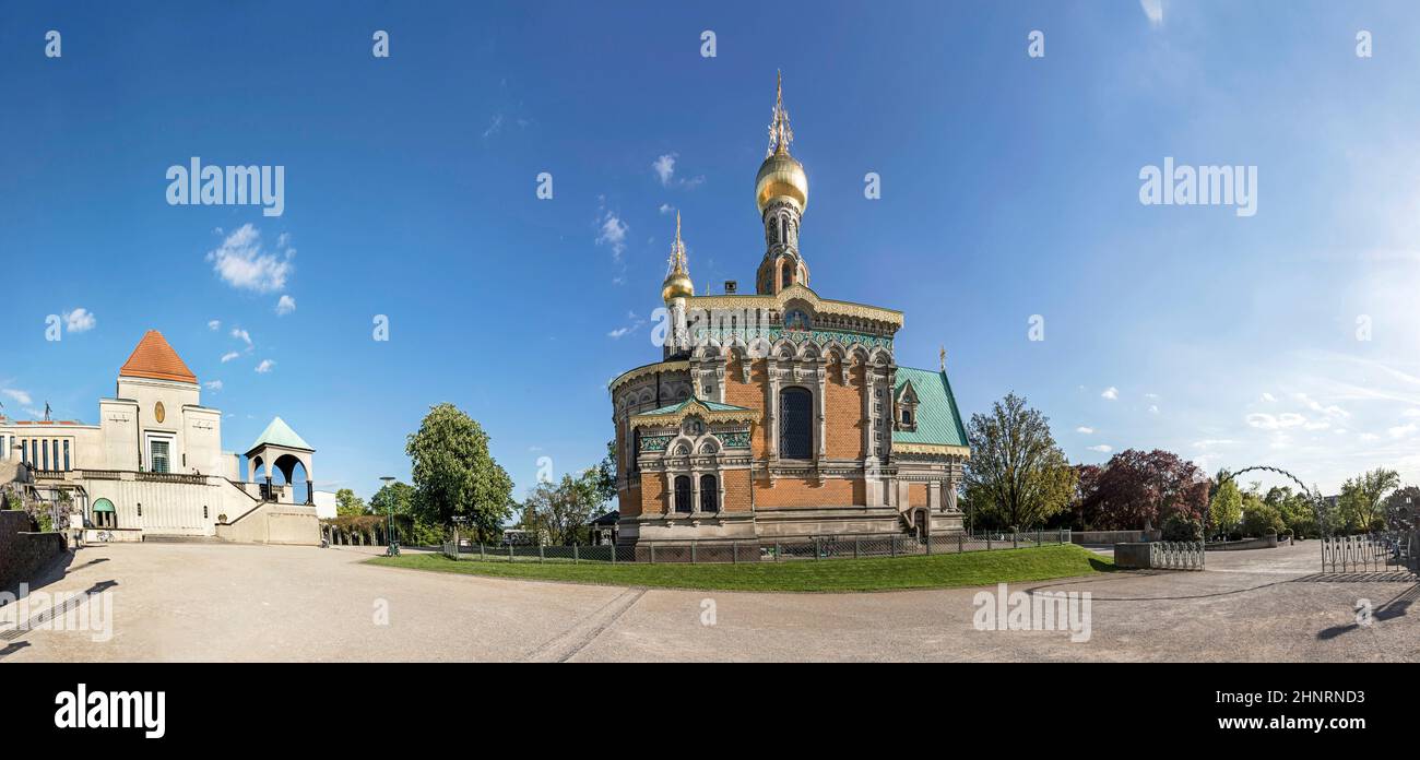 famous art nouveau buildings and orthodox church at the Mathildenhoehe ...