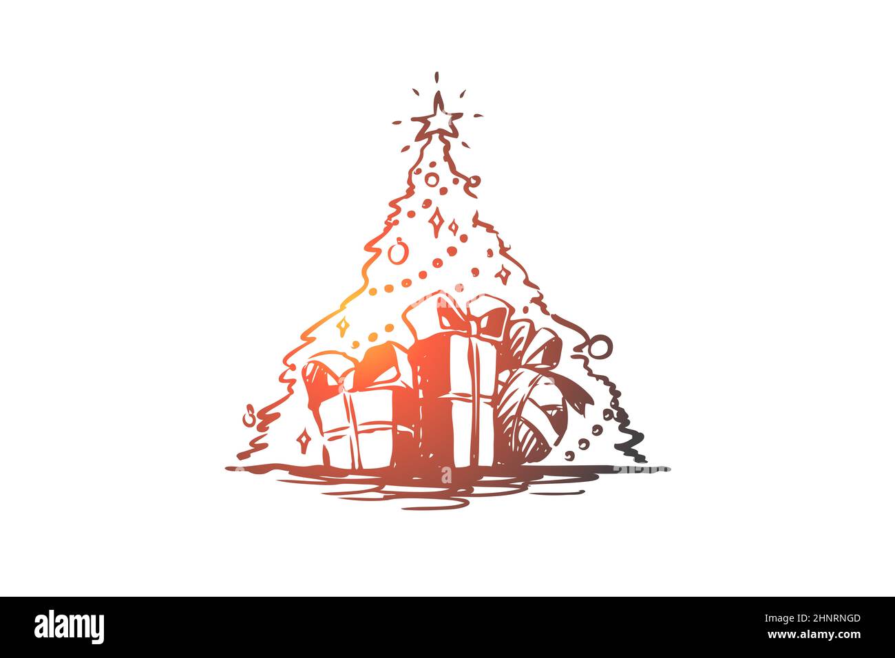 Christmas, tree, gift, holiday, celebration concept. Hand drawn festive ...