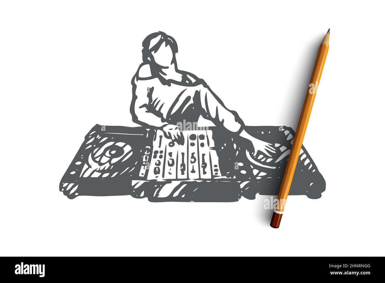 DJ, music, club, disco, party concept. Hand drawn DJ in nightclub ...