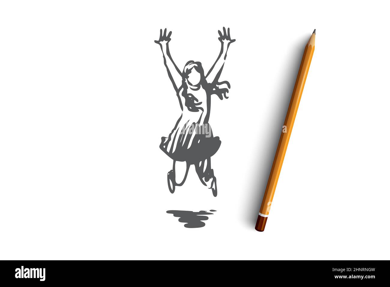 Girl, happy, jump, childhood, joy concept. Hand drawn happy girl ...