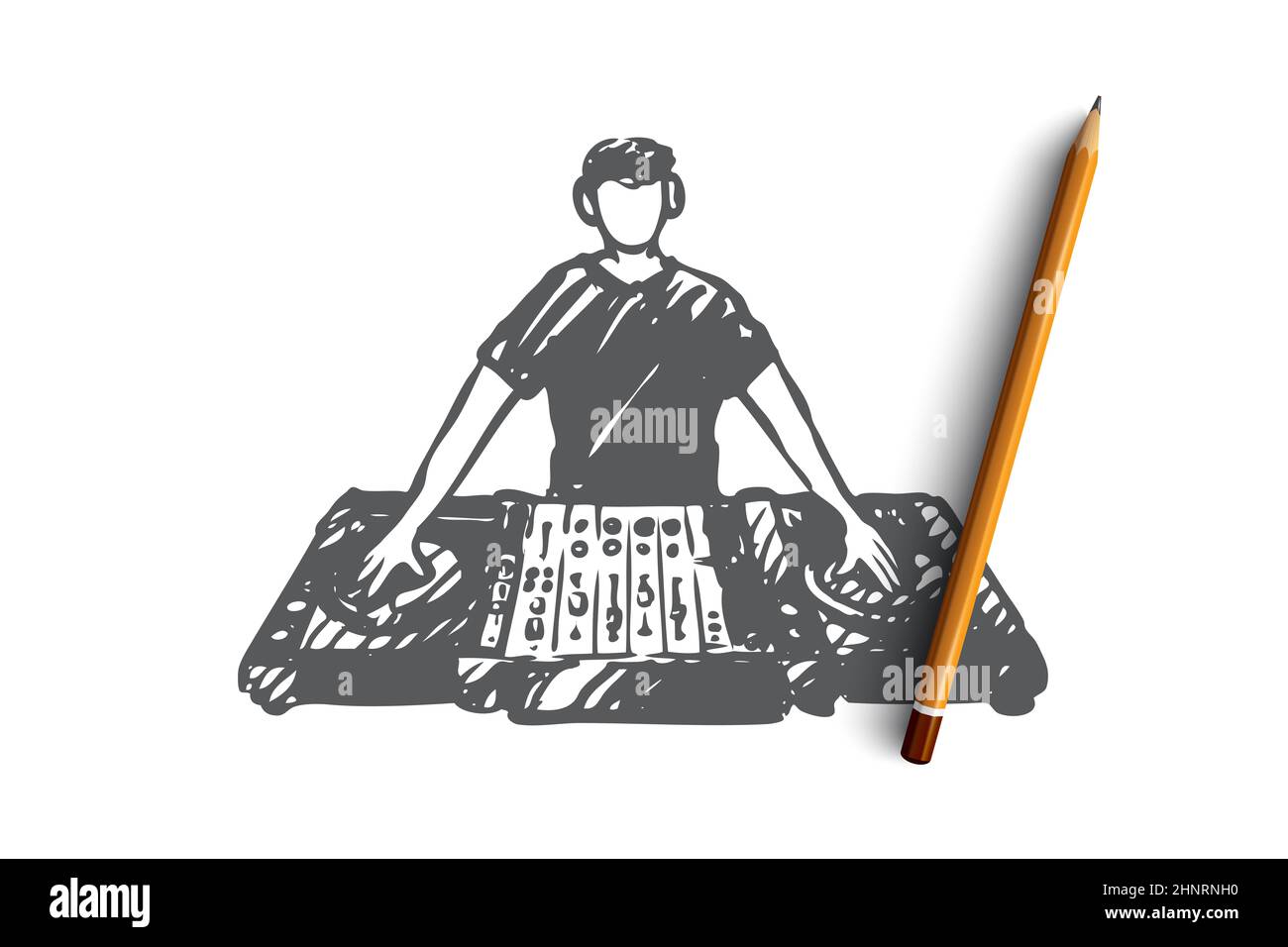 DJ, music, club, disco, party concept. Hand drawn DJ in nightclub ...