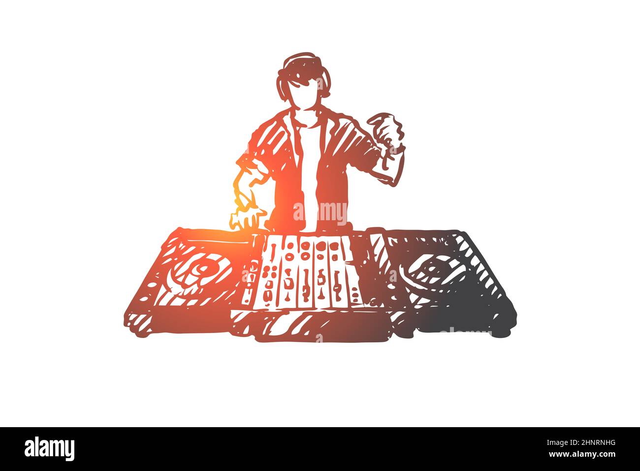 DJ, music, club, disco, party concept. Hand drawn DJ in nightclub ...