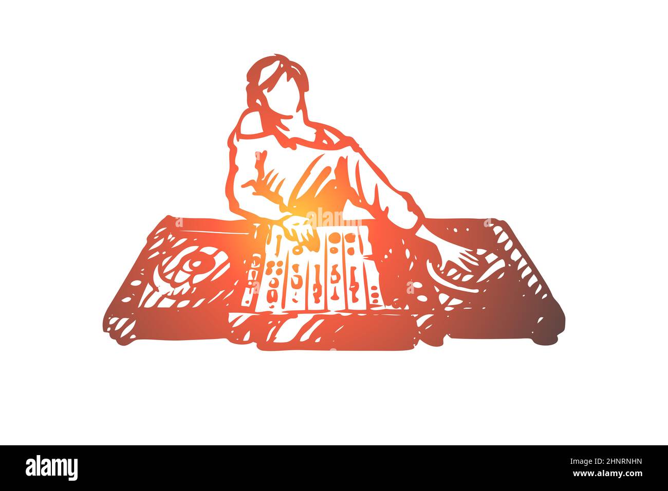 DJ, music, club, disco, party concept. Hand drawn DJ in nightclub ...