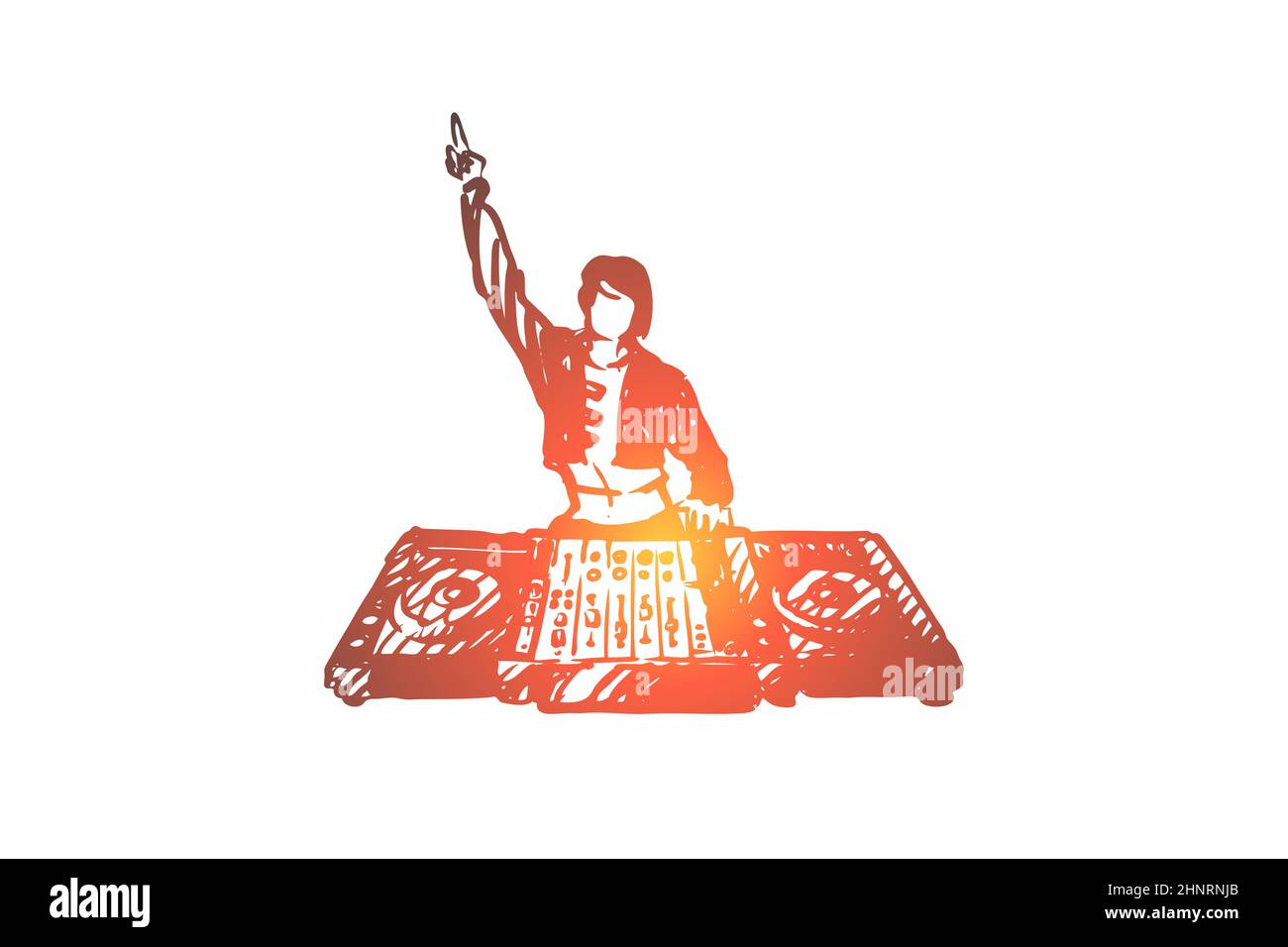 DJ, music, club, disco, party concept. Hand drawn DJ in nightclub ...