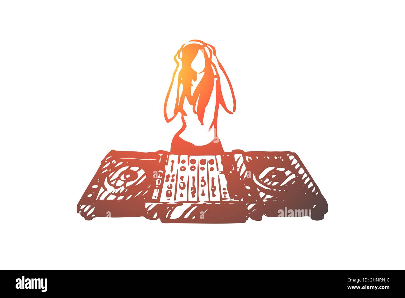 DJ, music, club, disco, party concept. Hand drawn DJ in nightclub ...