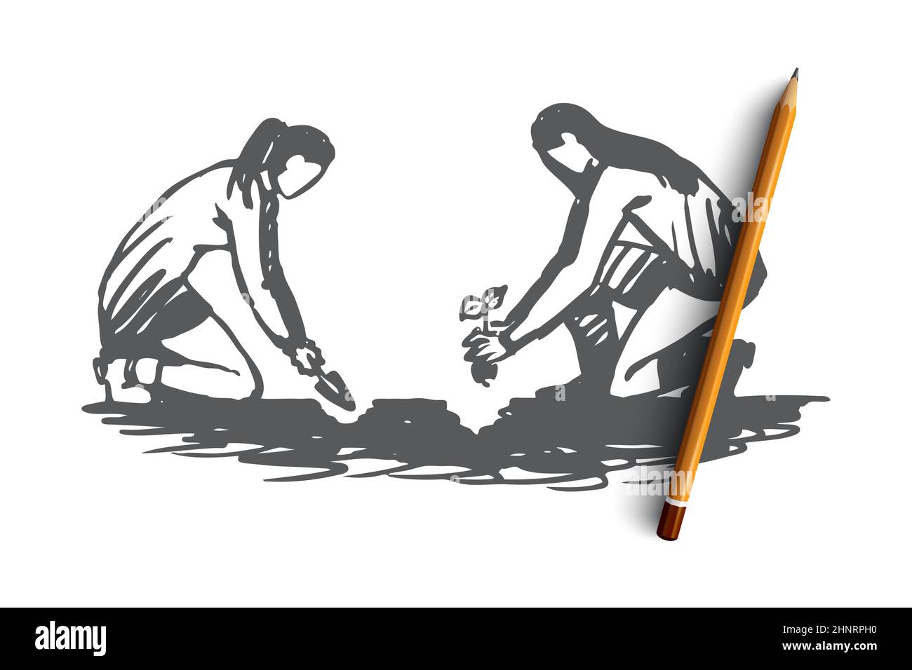 People, planting, flowers, gardening, nature concept. Hand drawn women ...