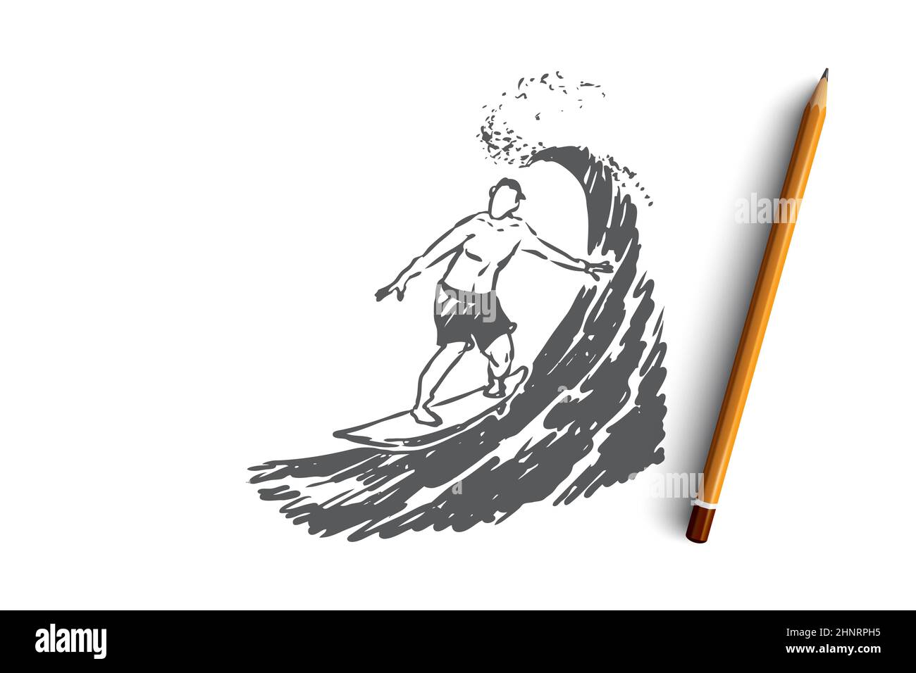 Surfing, wave, summer, board, sport concept. Hand drawn surfer on a ...