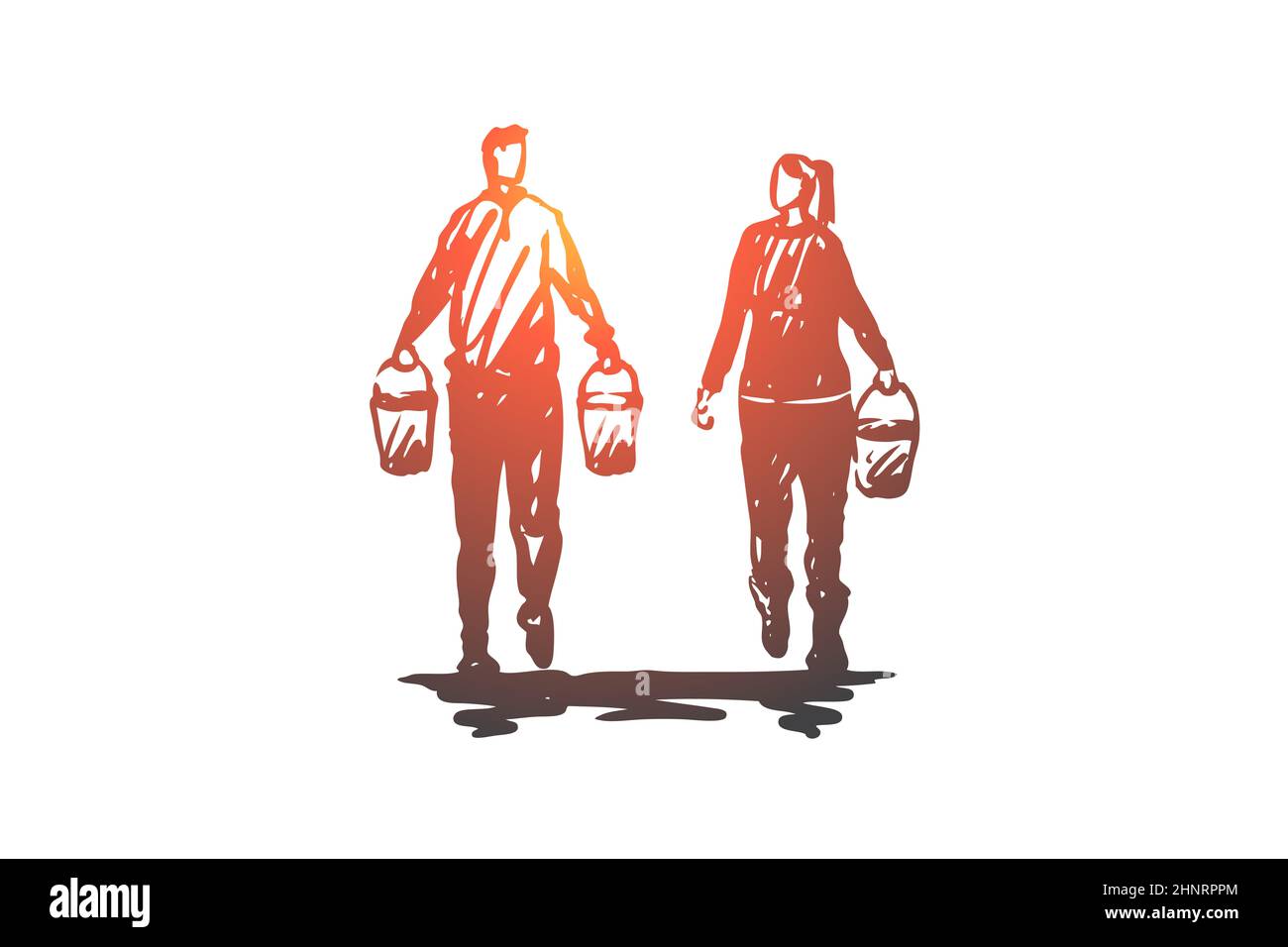 Couple, plant, garden, watering concept. Hand drawn young couple with ...