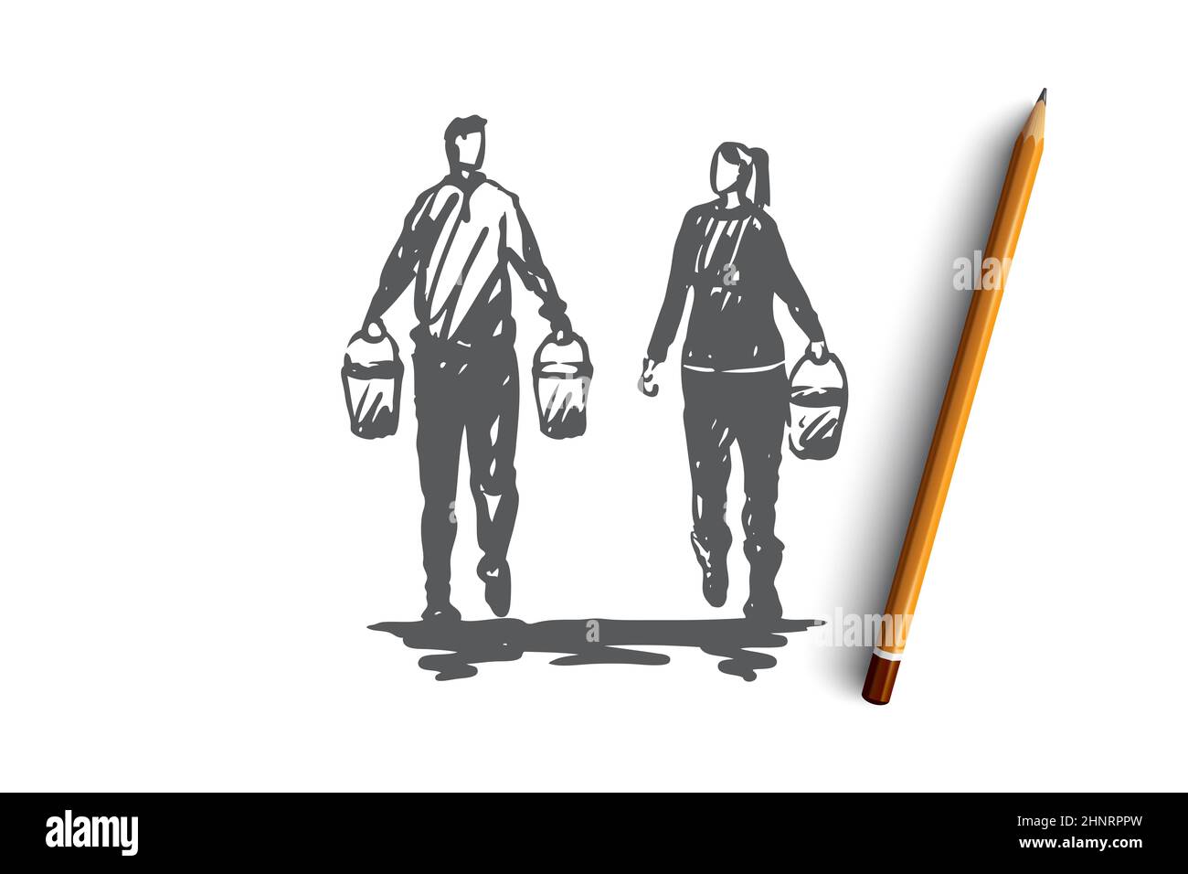 Couple, plant, garden, watering concept. Hand drawn young couple with ...