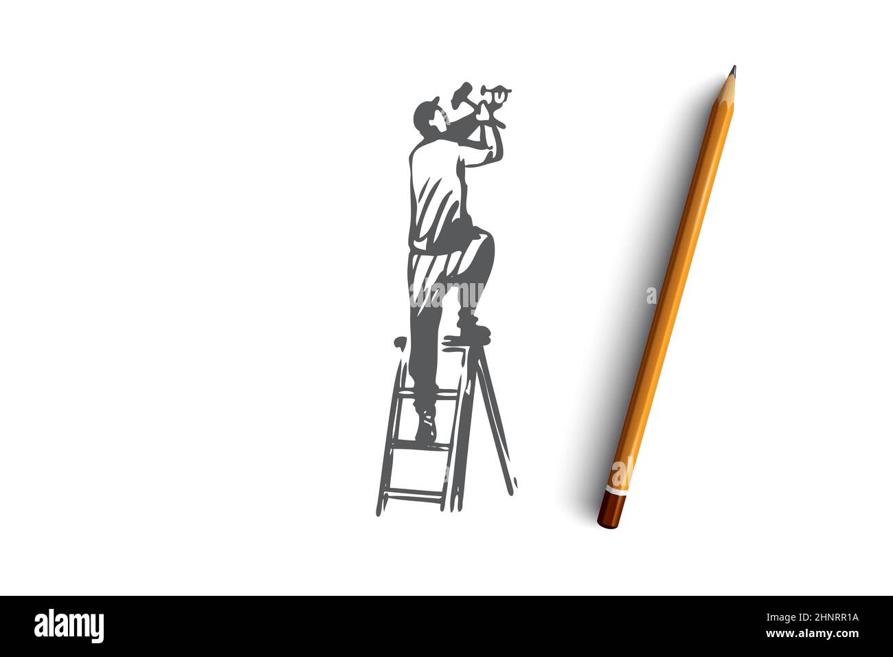 Fixture, installation, repair, worker, construction concept. Hand drawn ...