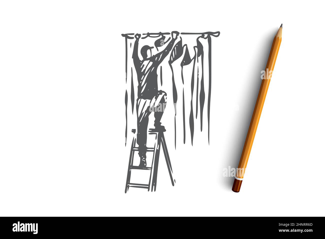 Hanging curtain, decoration, cloth, fabric concept. Hand drawn man ...