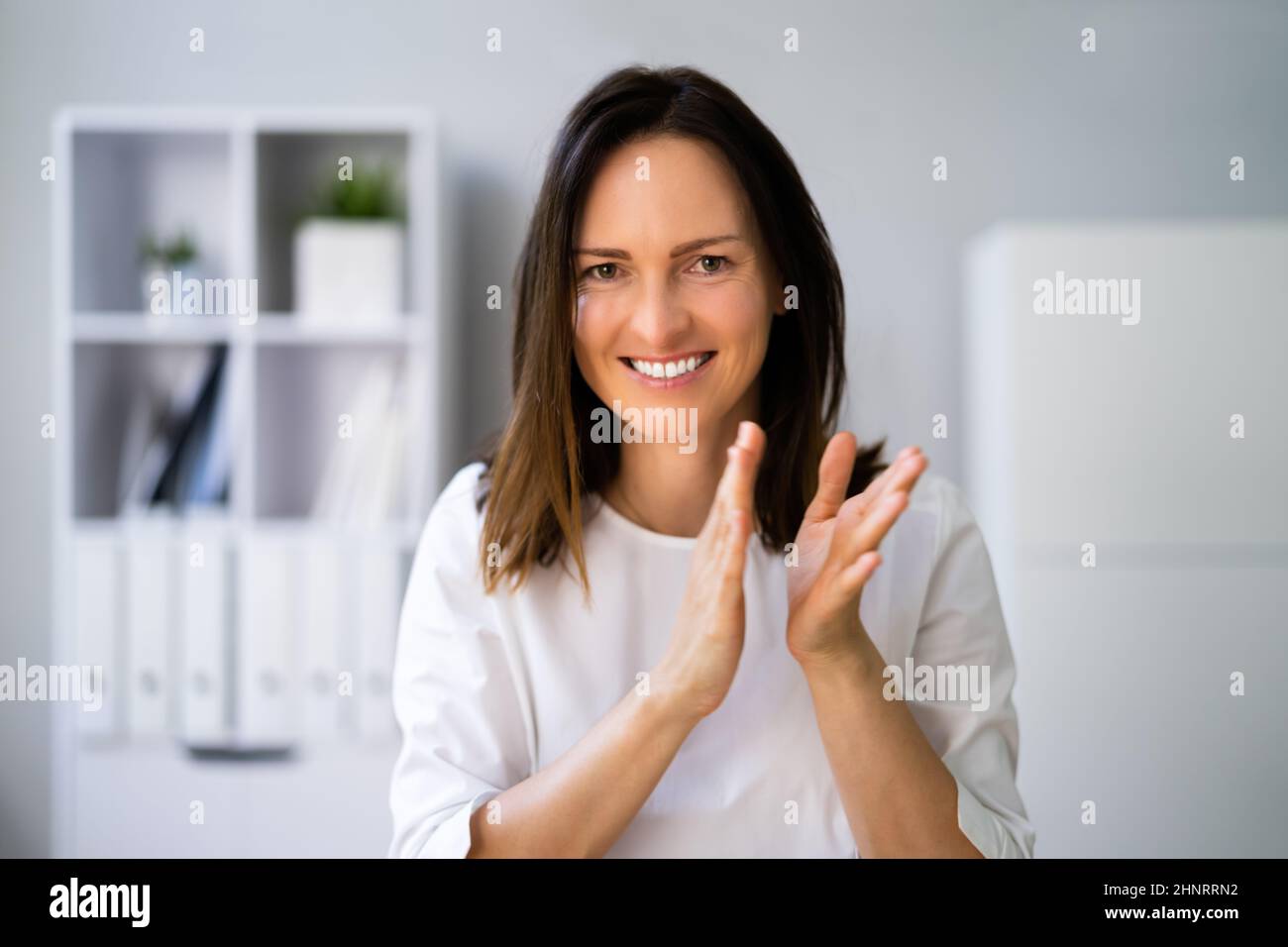 Happy Smiling Woman In Online Interview Conference Stock Photo - Alamy