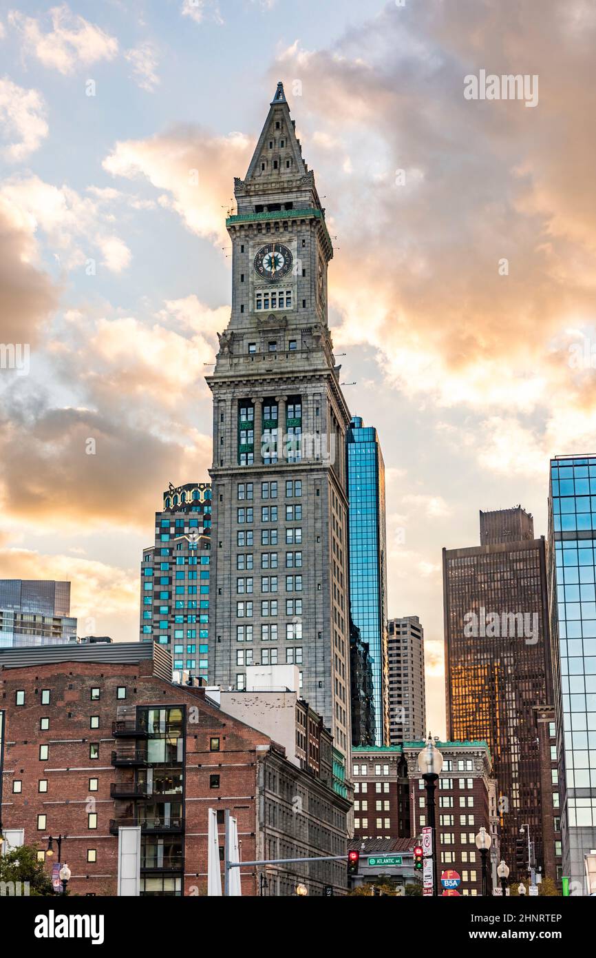 skyline of Boston with clock tower, customs house Stock Photo - Alamy