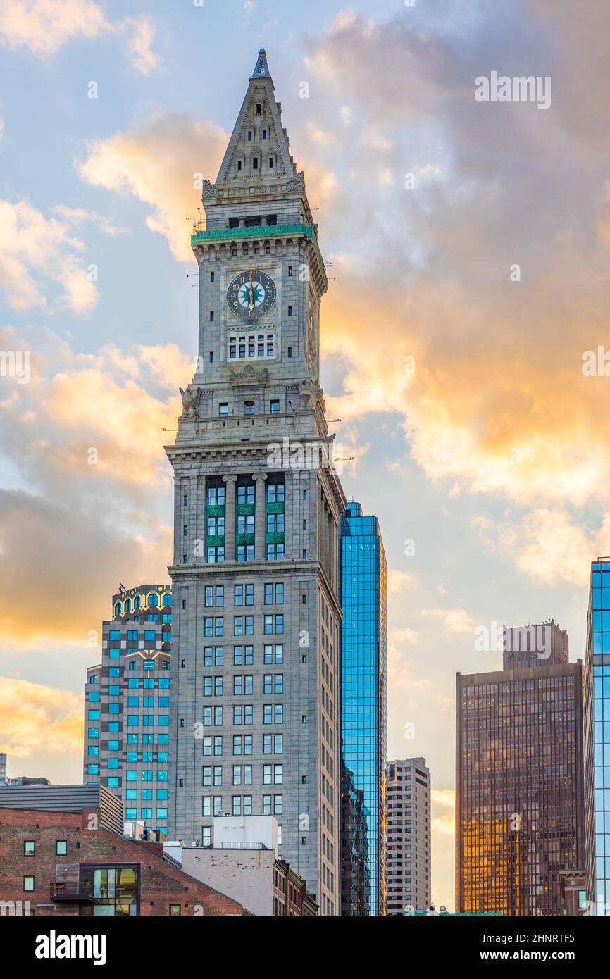 skyline of Boston with clock tower, customs house Stock Photo - Alamy