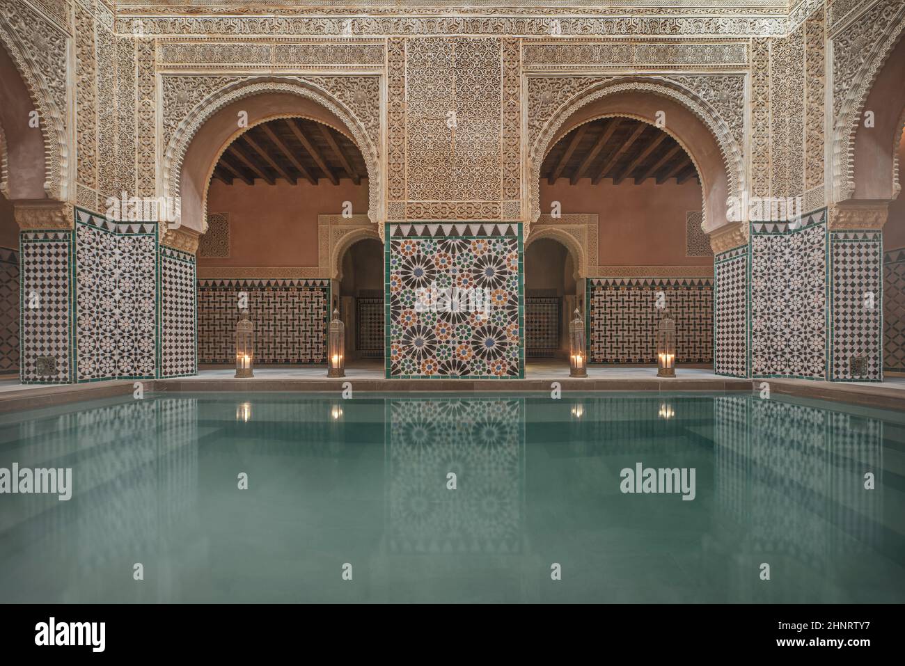 Hot steam bath in Arab baths with candle lamps under semicircular ...
