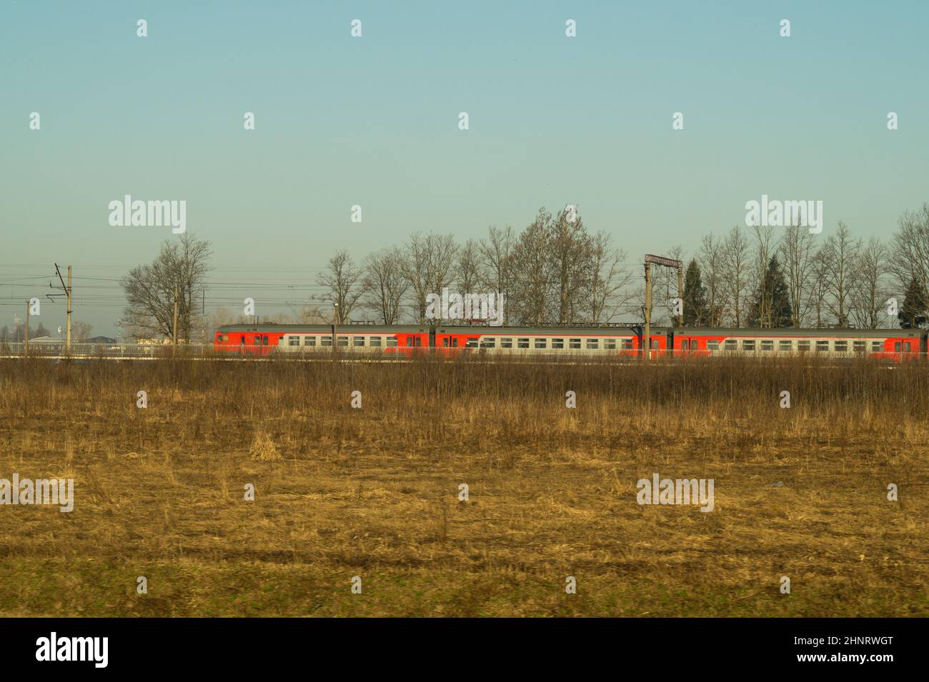 Side view on the railroad with trains in the countryside Stock Photo ...