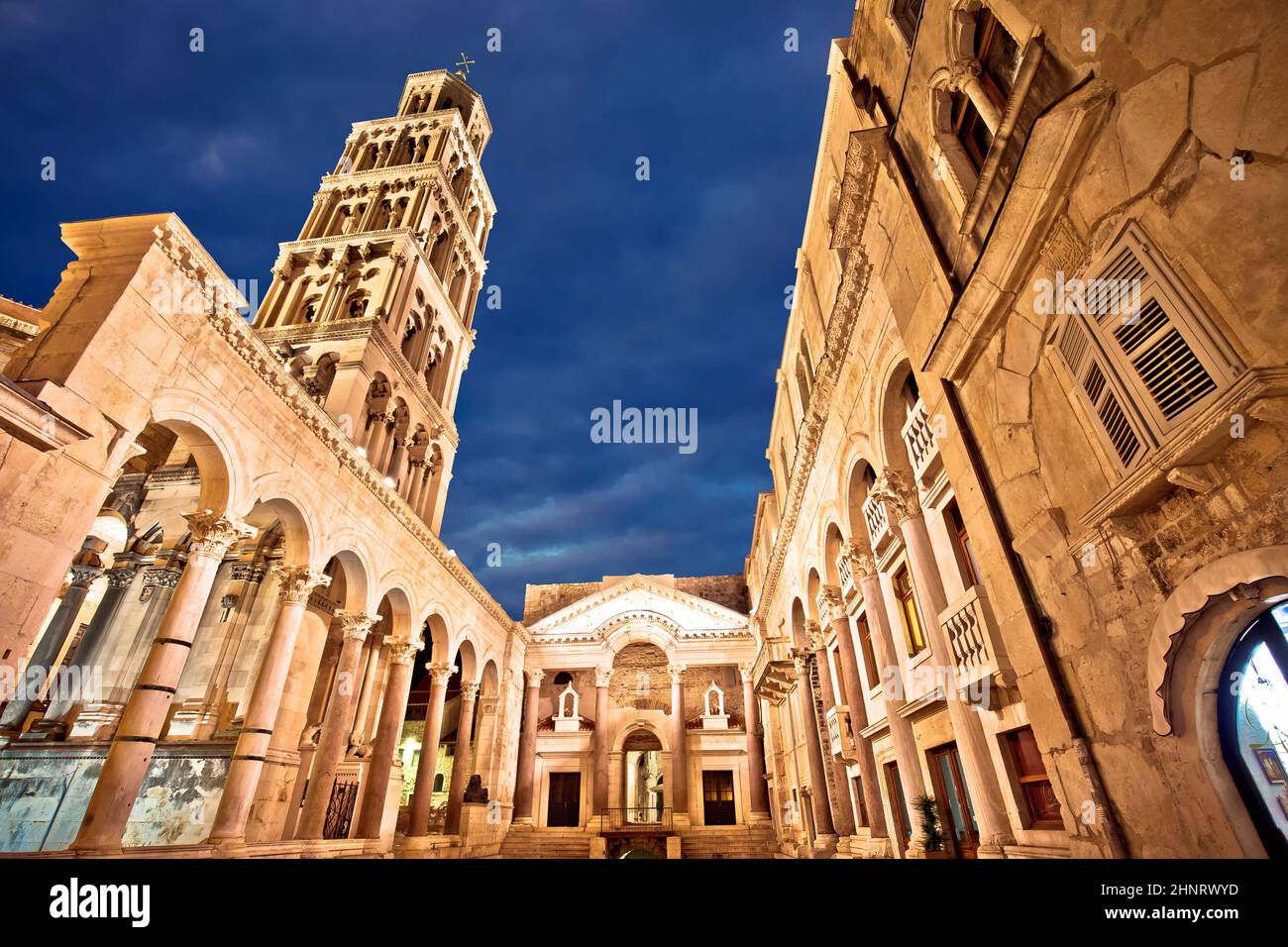 Split historic landmarks evening view of cathedral and Peristil square ...