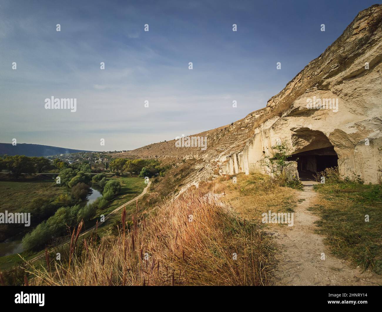 View to the caves of karst limestone hills at Orheiul Vechi, old Orhei ...