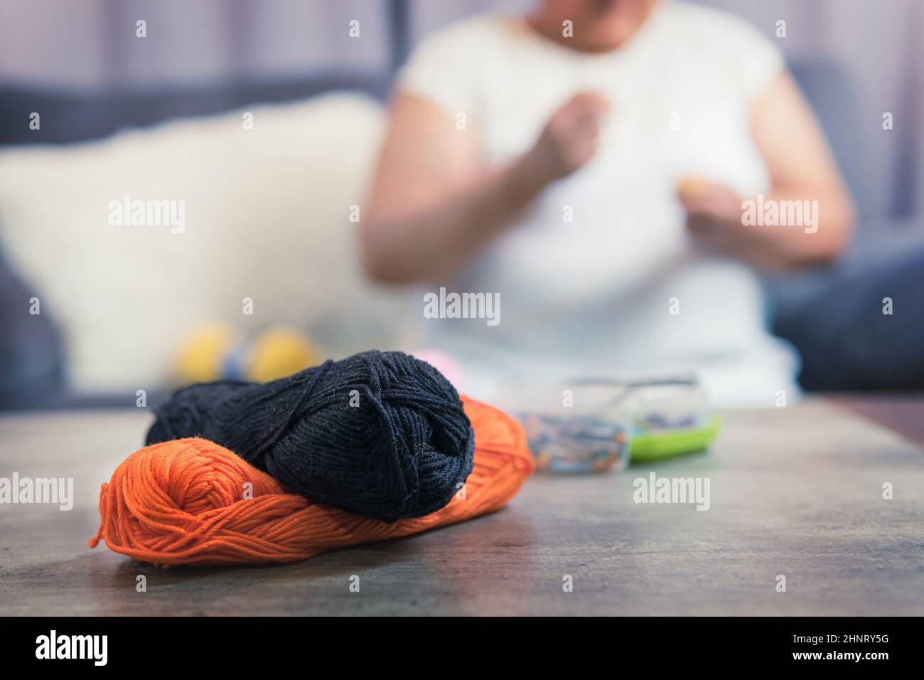 Elderly Woman 60 Year Old Latin Grandmother Knitting Happy And