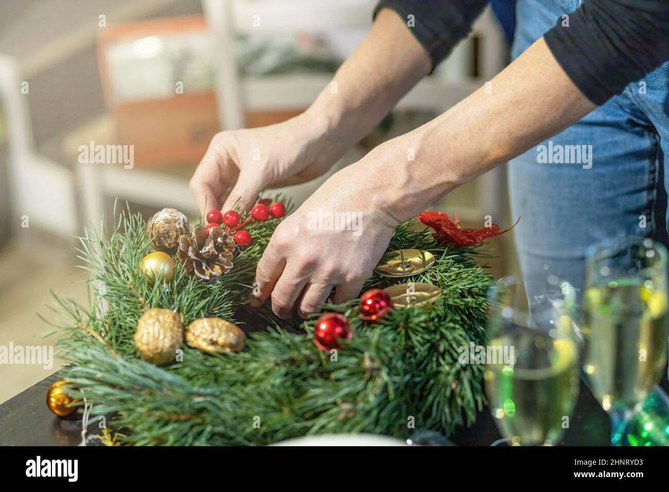 Preparation for Christmas holiday. Christmas workshop. Woman prepare a ...