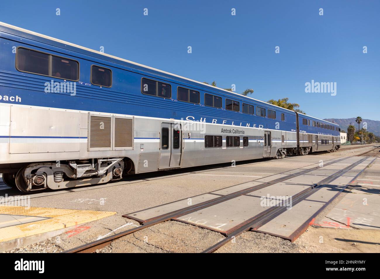 the pacific surfliner train enters the station at Santa Barbara. The ...