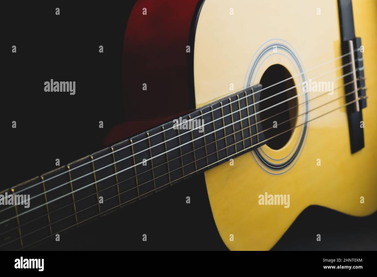 Guitar close up. musical instrument. strings on the guitar fretboard ...