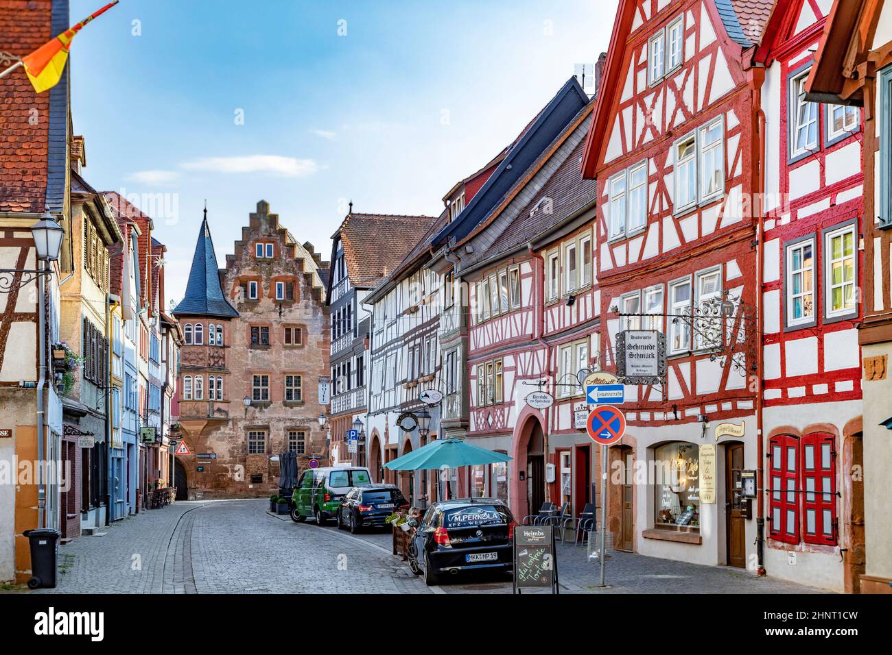 view to half timbered houses in the historic old town of Buedingen ...