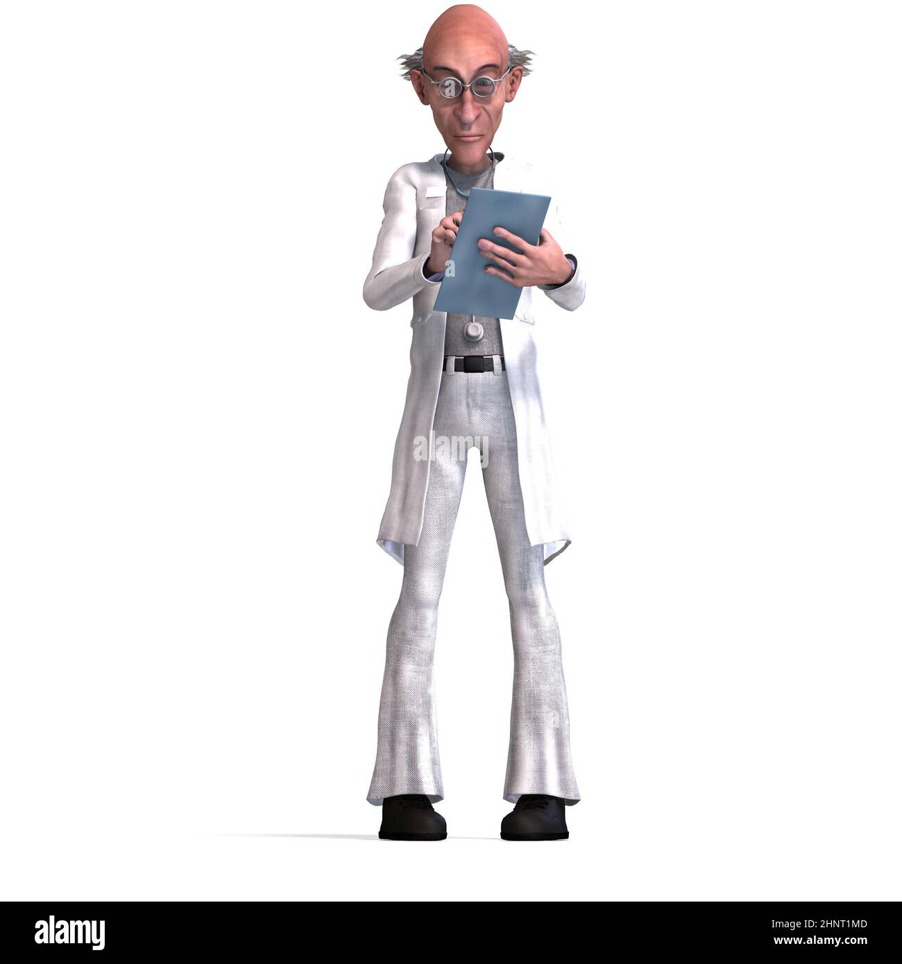 3D-illustration of a cute and funny mad scientist writing down the list ...