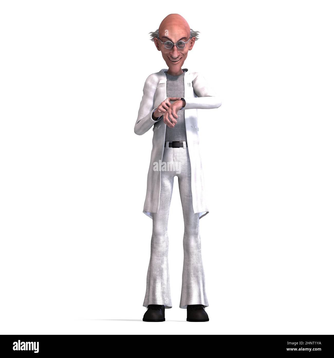 3D-illustration of a cute and funny mad scientist watch the clock Stock ...
