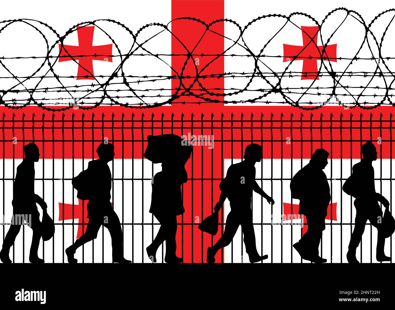 Georgia flag. Refugees near barbed wire fence. Migrants migrates to ...
