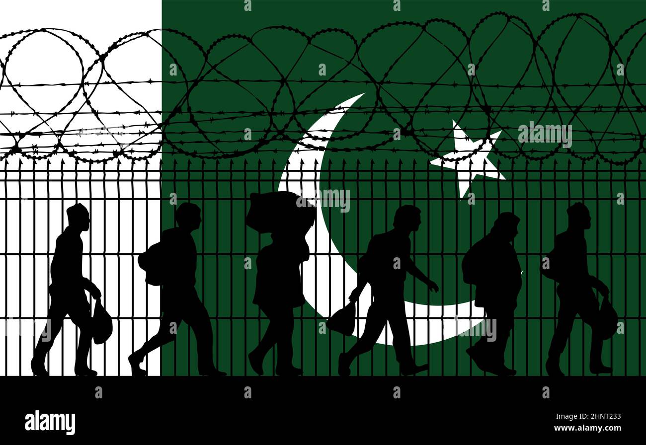 Pakistan flag. Refugees near barbed wire fence. Migrants migrates to ...
