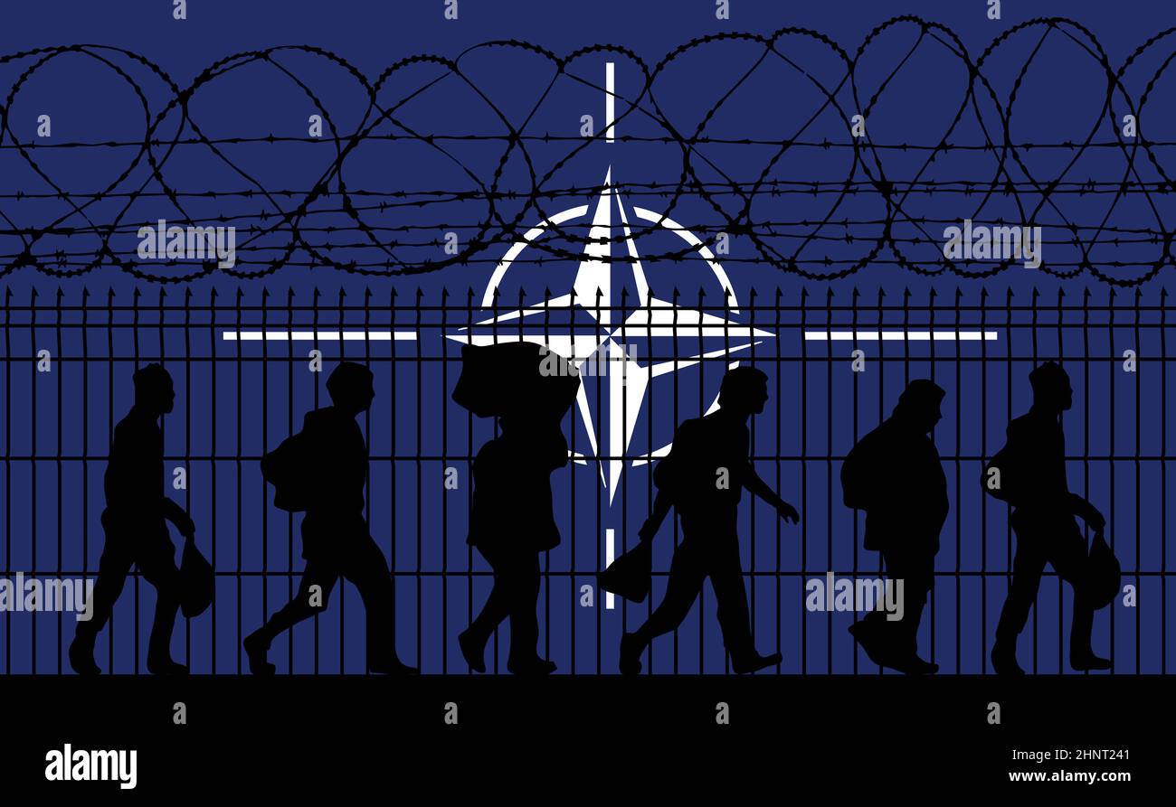 Flag of NATO. Refugees near barbed wire fence. Migrants migrates to ...