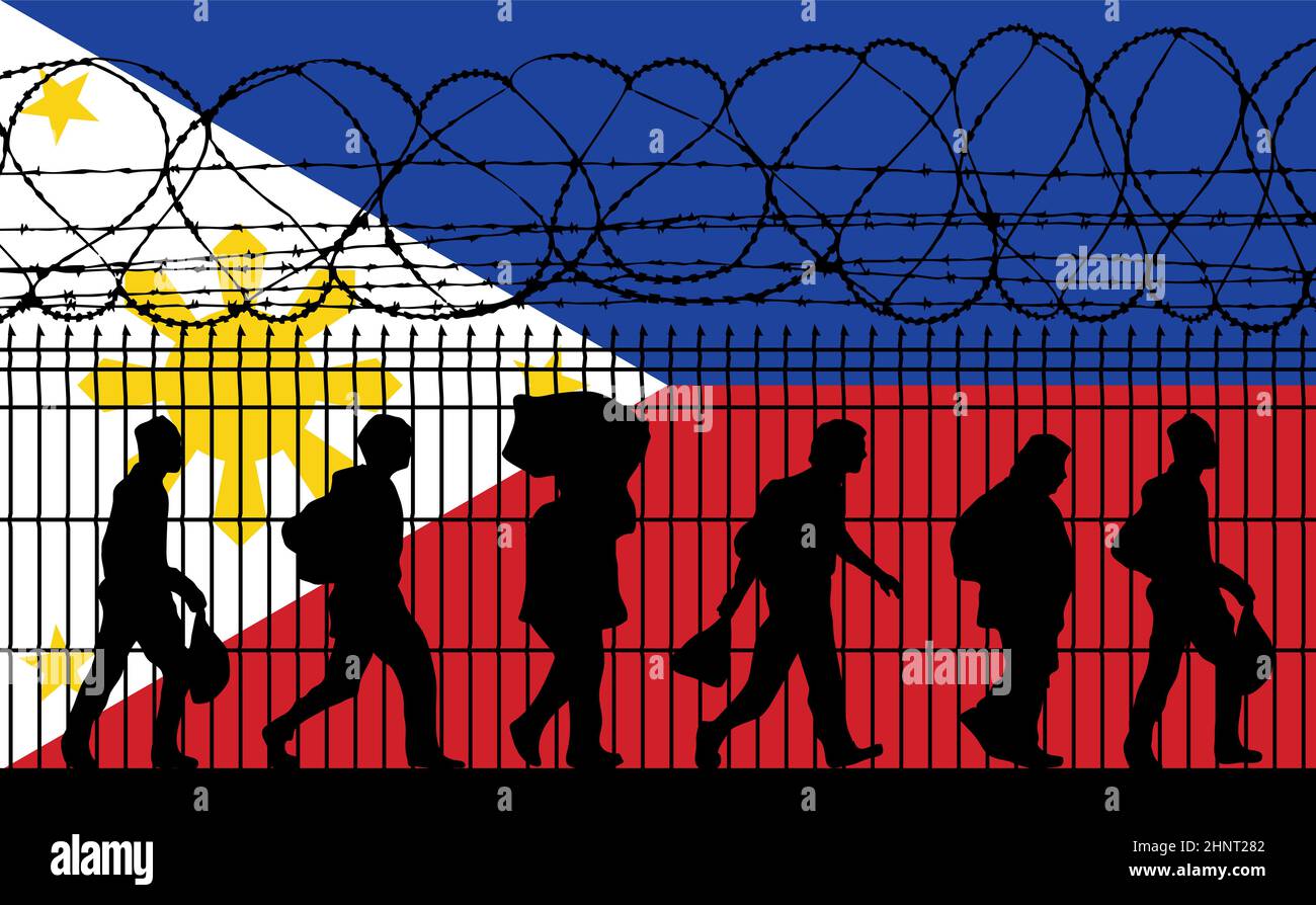 Philippines flag. Refugees near barbed wire fence. Migrants migrates to ...
