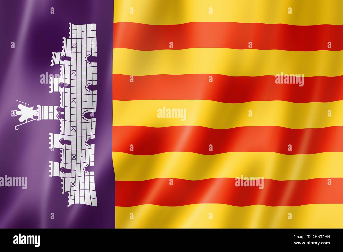 Mallorca, Balearic islands flag, Spain waving banner collection. 3D ...
