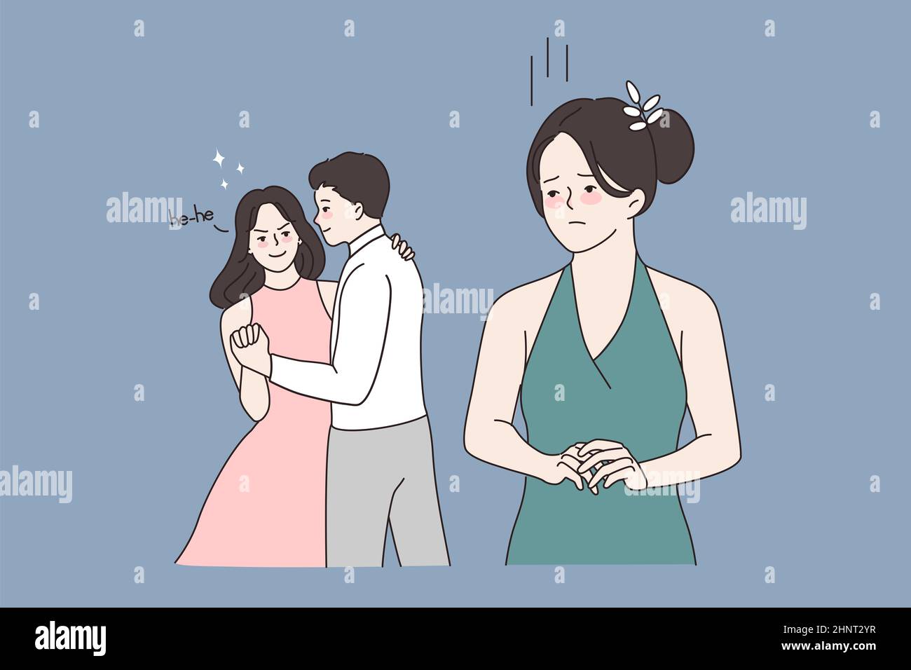 Sad young woman jealous of couple lovers dancing on wedding or occasion ...