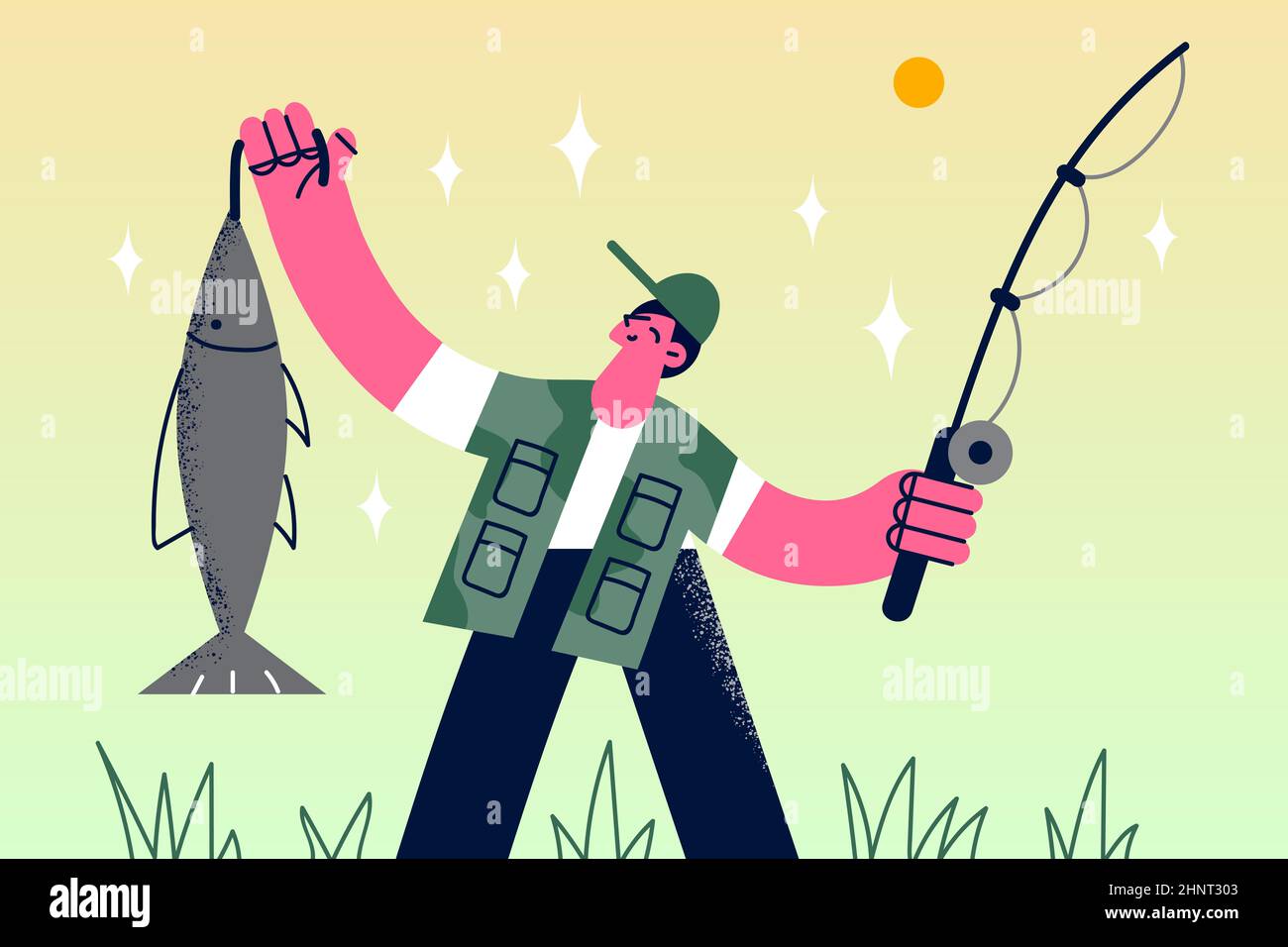 Great fishing catch in hands concept. Young smiling man cartoon ...